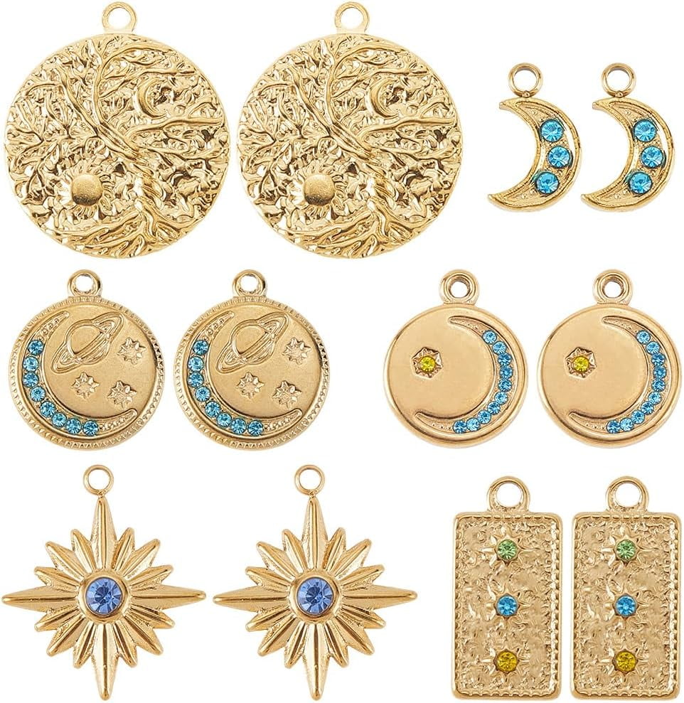 1 Box 12Pcs 6 Styles Real 18k Gold Plated Star Charms Bulk Rhinestone ...