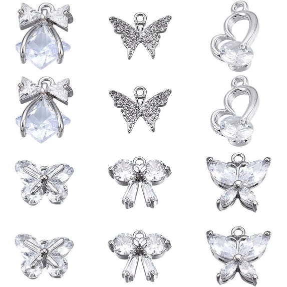 1 Box 12Pcs 6 Styles Silver Butterfly Charm Cubic Zirconia Micro Pave ...