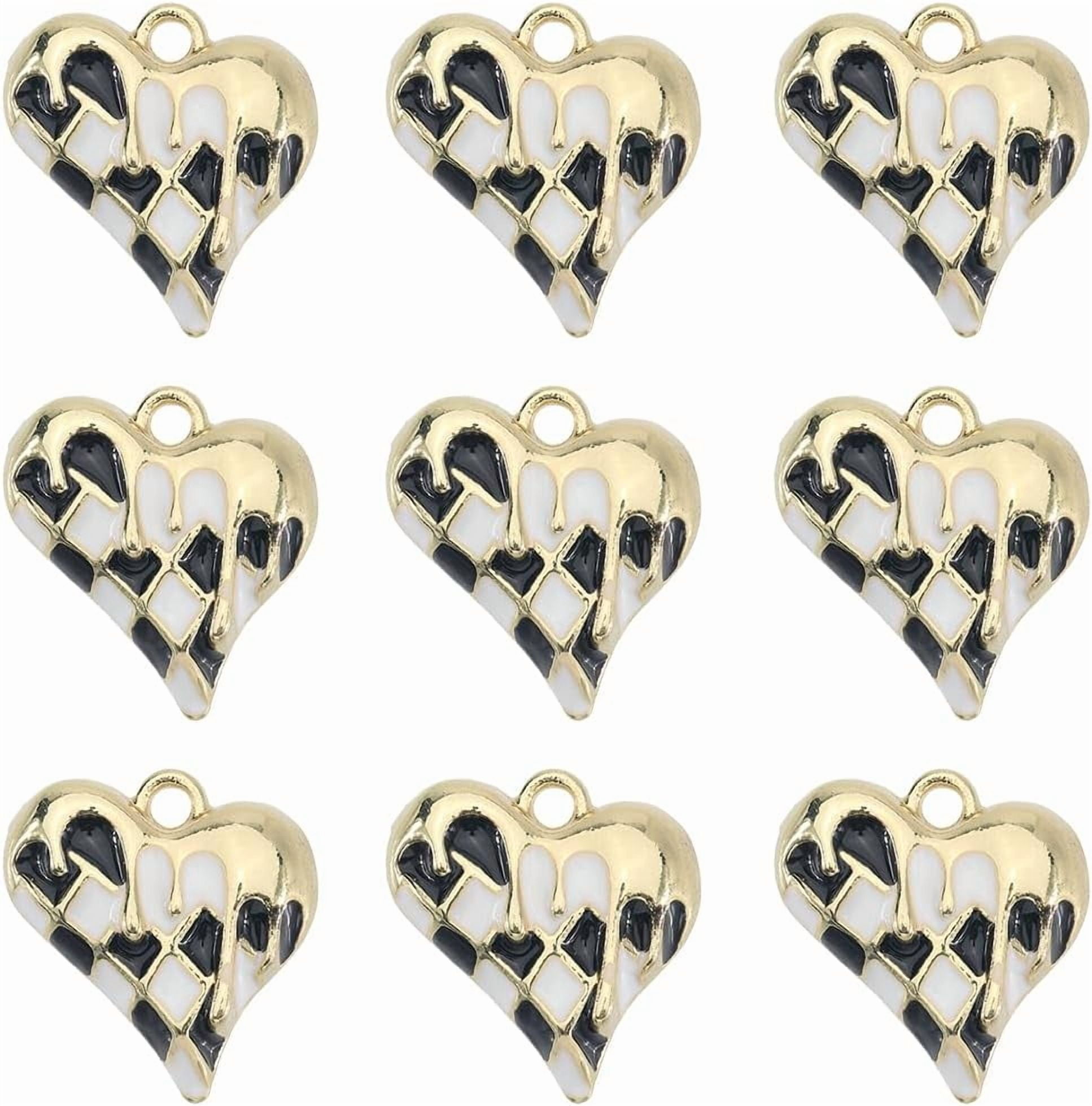 1 Box 12Pcs Black and White Checkered Charms Enamel Heart Charm Metal ...