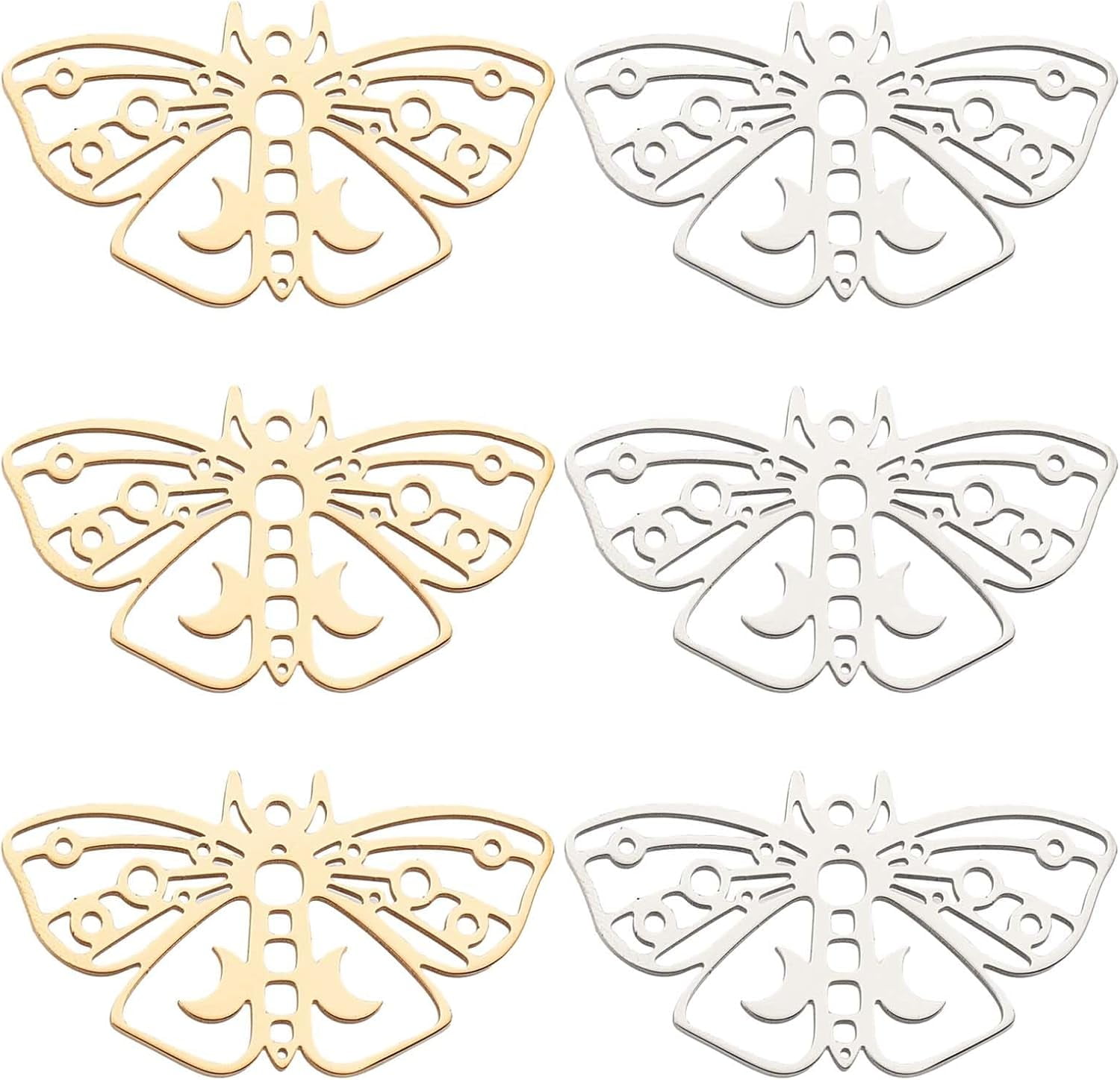 1 Box 12Pcs Moth Charm Moth Charms Bulk Stainless Steel Hollow Charm Moon Phase Lucky Energe ...