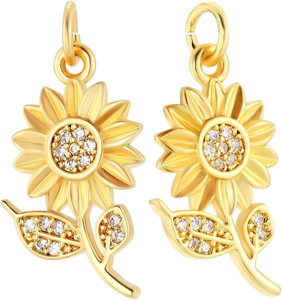 1 Box 12Pcs Sunflower Charms 18K Gold Plated Brass Flower Charms with Cubic Zirconia for Drop ...