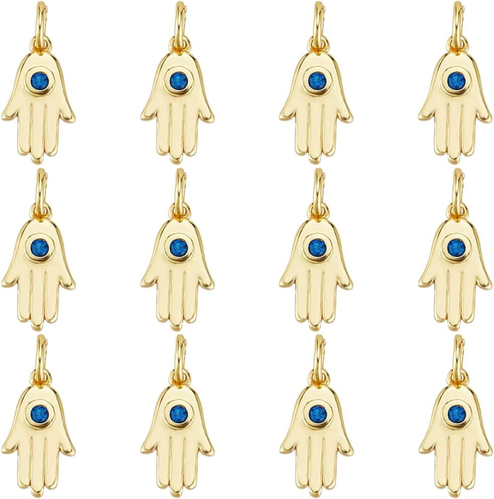 1 Box 14Pcs Blue Cubic Zirconia Hamsa Hand Charms 18K Gold Plated Brass ...