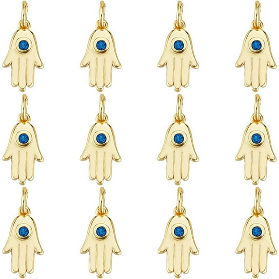 1 Box 14Pcs Blue Cubic Zirconia Hamsa Hand Charms 18K Gold Plated Brass ...