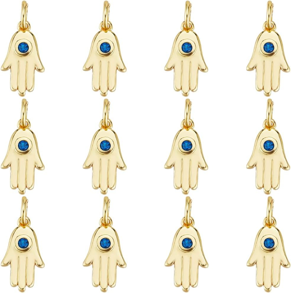 1 Box 14Pcs Blue Cubic Zirconia Hamsa Hand Charms 18K Gold Plated Brass ...