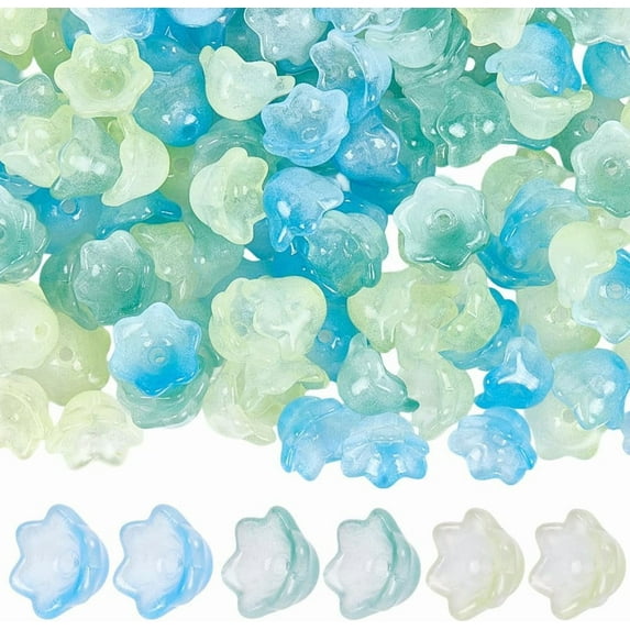 1 Box 150PCS Green Blue Flower Glass Beads Caps with Holes Bellflower ...