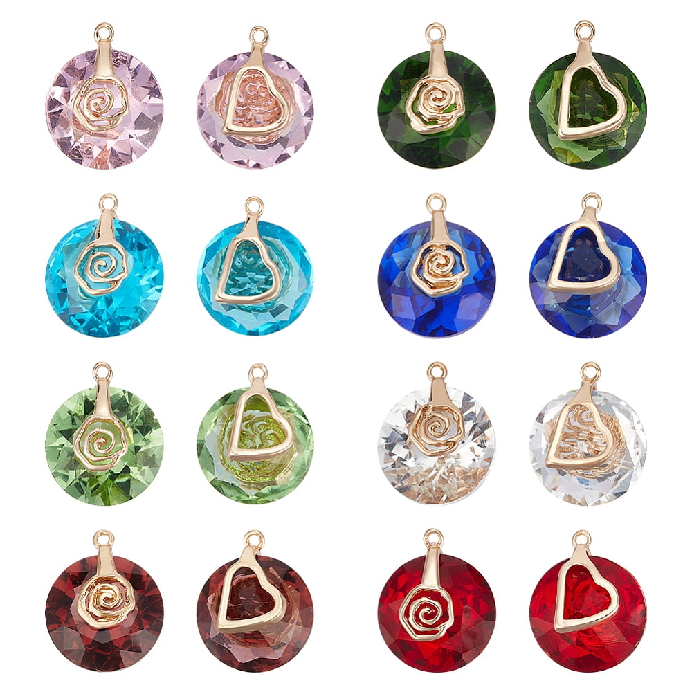 1 Box 16Pcs 8 Colors Valentine's Day Glass Pendants Faceted Flat Round ...