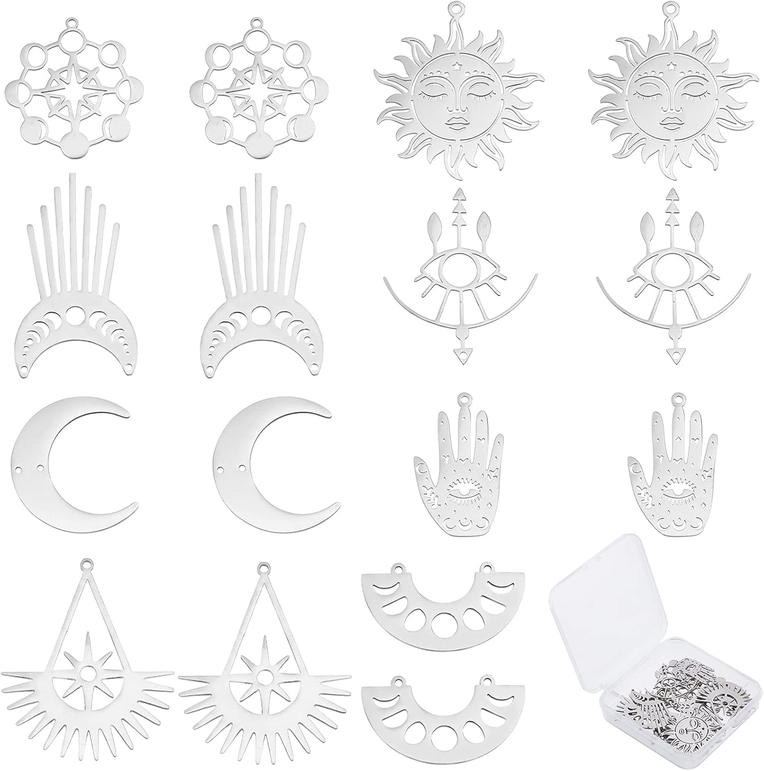 1 Box 16Pcs 8 Style Stainless Steel Tarot Style Charms Hamsa Hand Lucky ...