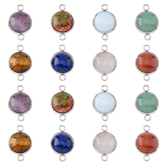 1 Box 16Pcs 8 Styles Natural & Mixed Gemstone Connector Charms Half ...