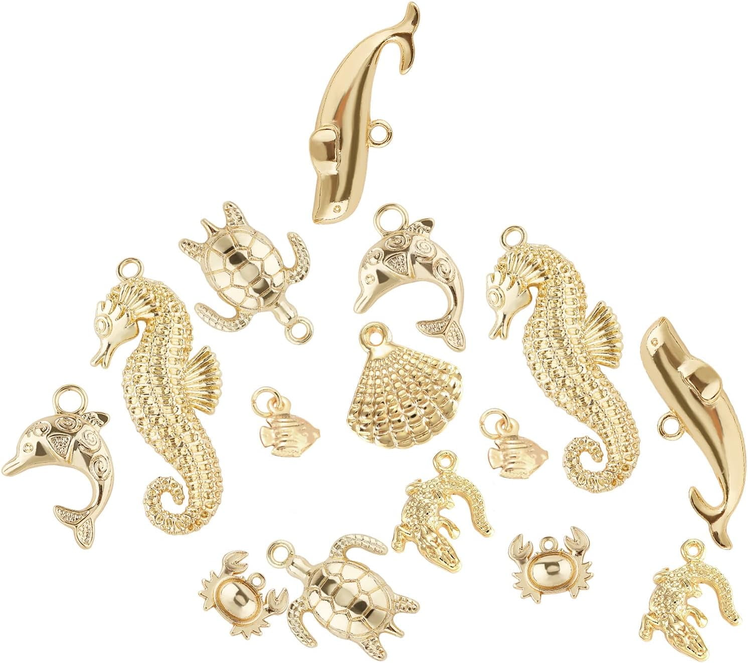 1 Box 16Pcs 8 Styles Real 14K Gold Plated Charms Gold Sea Theme Animal ...