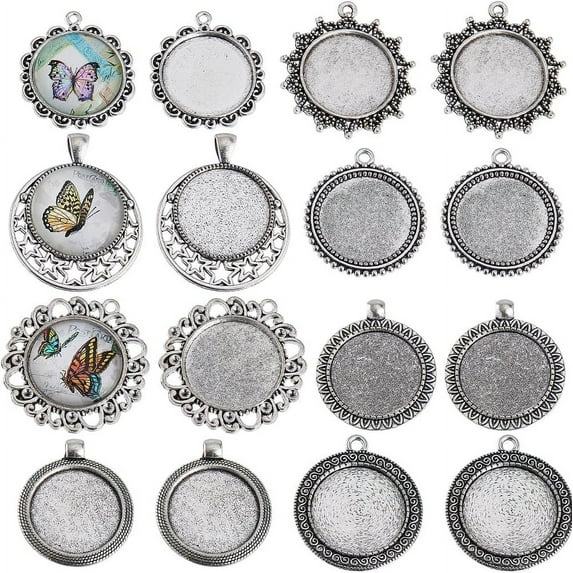 1 Box 16Pcs Cabochon Bezels Vintage Style Silver Blank Bezel Trays Flat ...