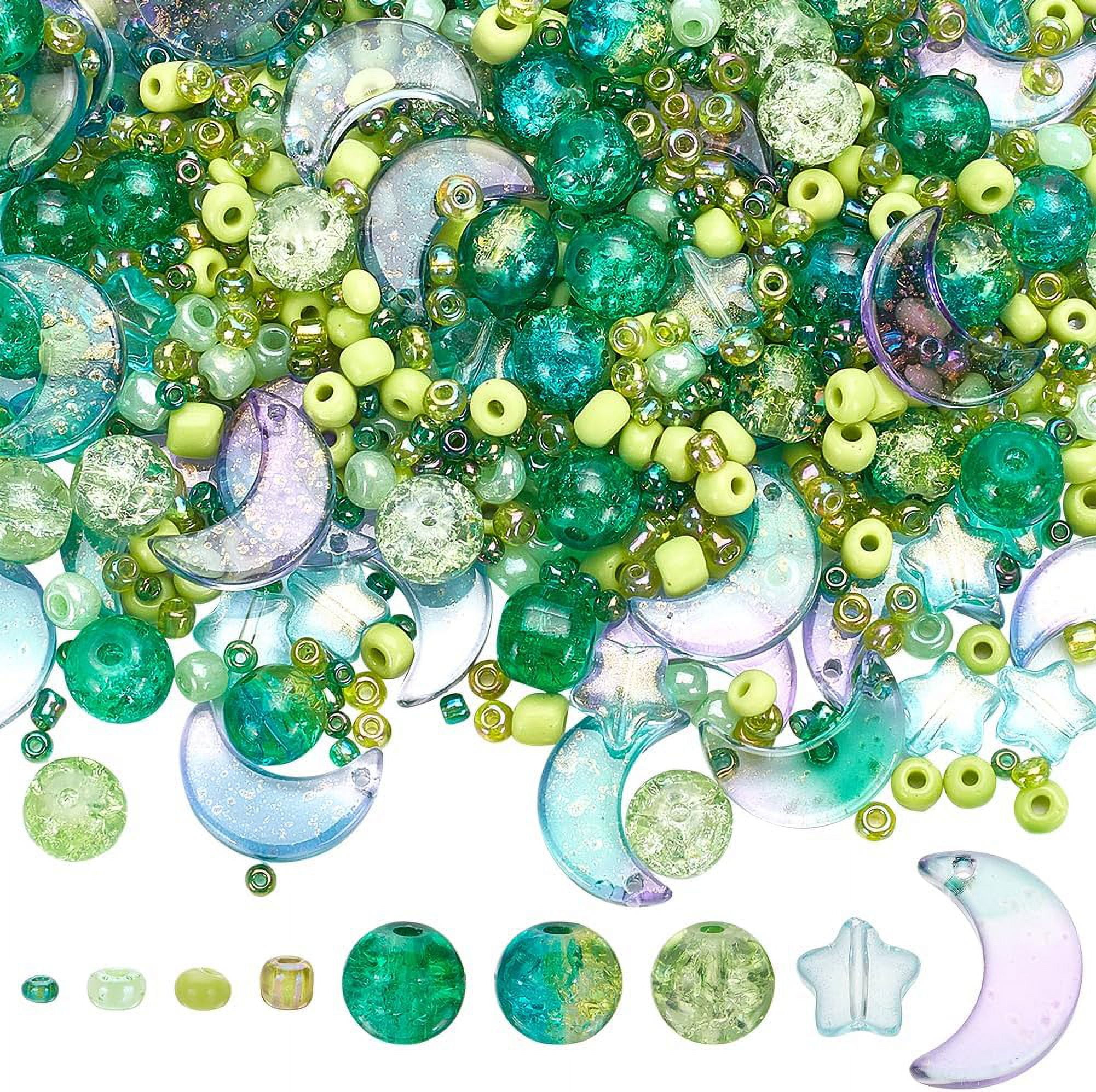 1 Box 1700+PCS Green Star and Moon Beads Bulk Glass Transparent Beads ...