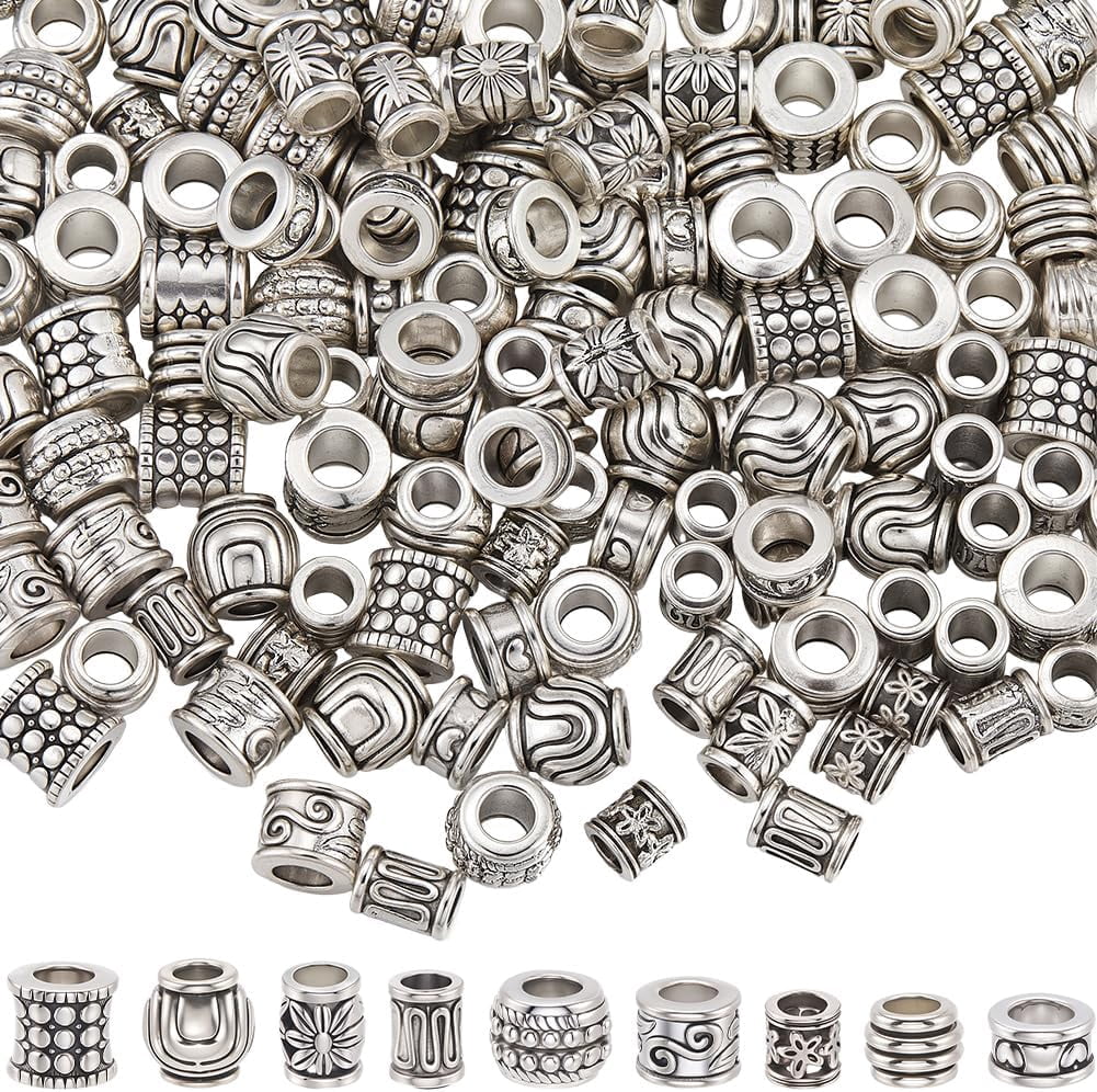1 Box 180PCS 9 Styles Tibetan Silver Bead with Hole Vintage Alloy ...