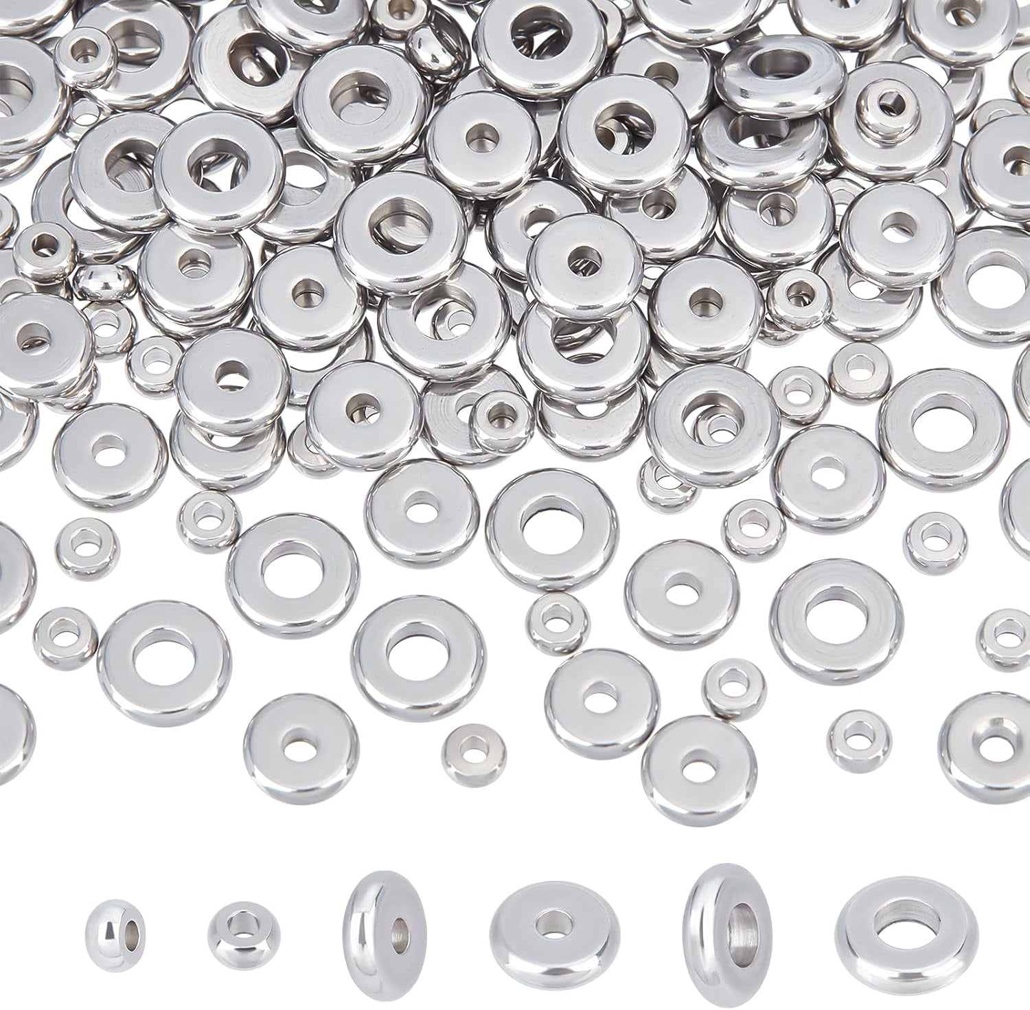 1 Box 180pcs 3 Sizes Stainless Steel Flat Round Spacer Beads Disc Loose ...