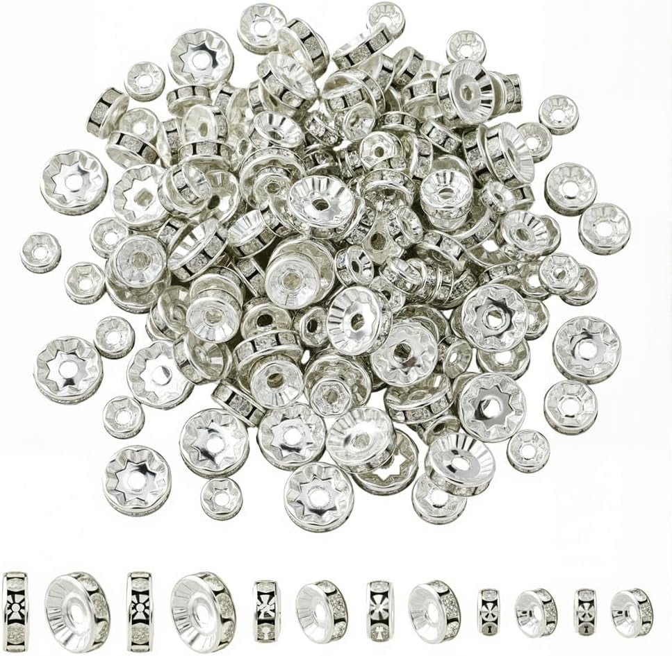 1 Box 200PCS Rondelle Rhinestone Spacer Beads 6MM 8MM 10MM Silver ...