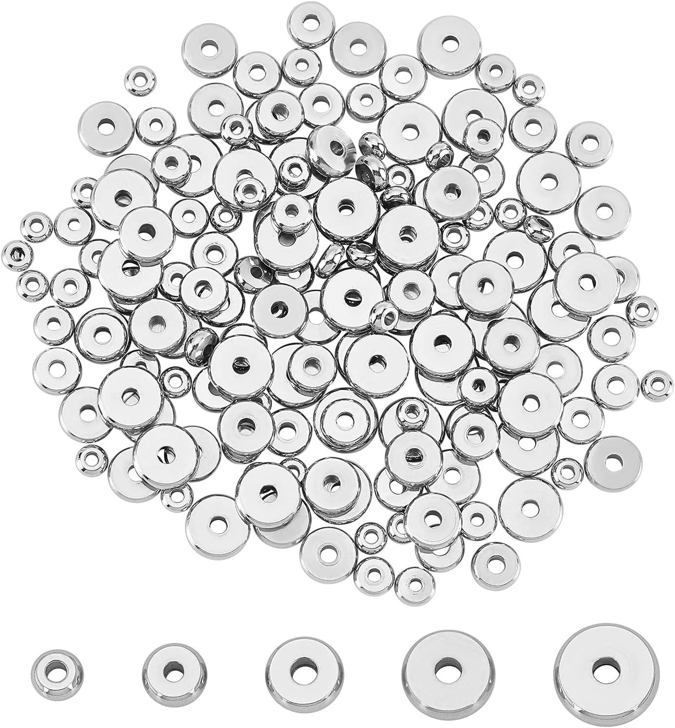 1 Box 200Pcs 5 Styles 304 Stainless Steel Beads Flat Round Stainless ...
