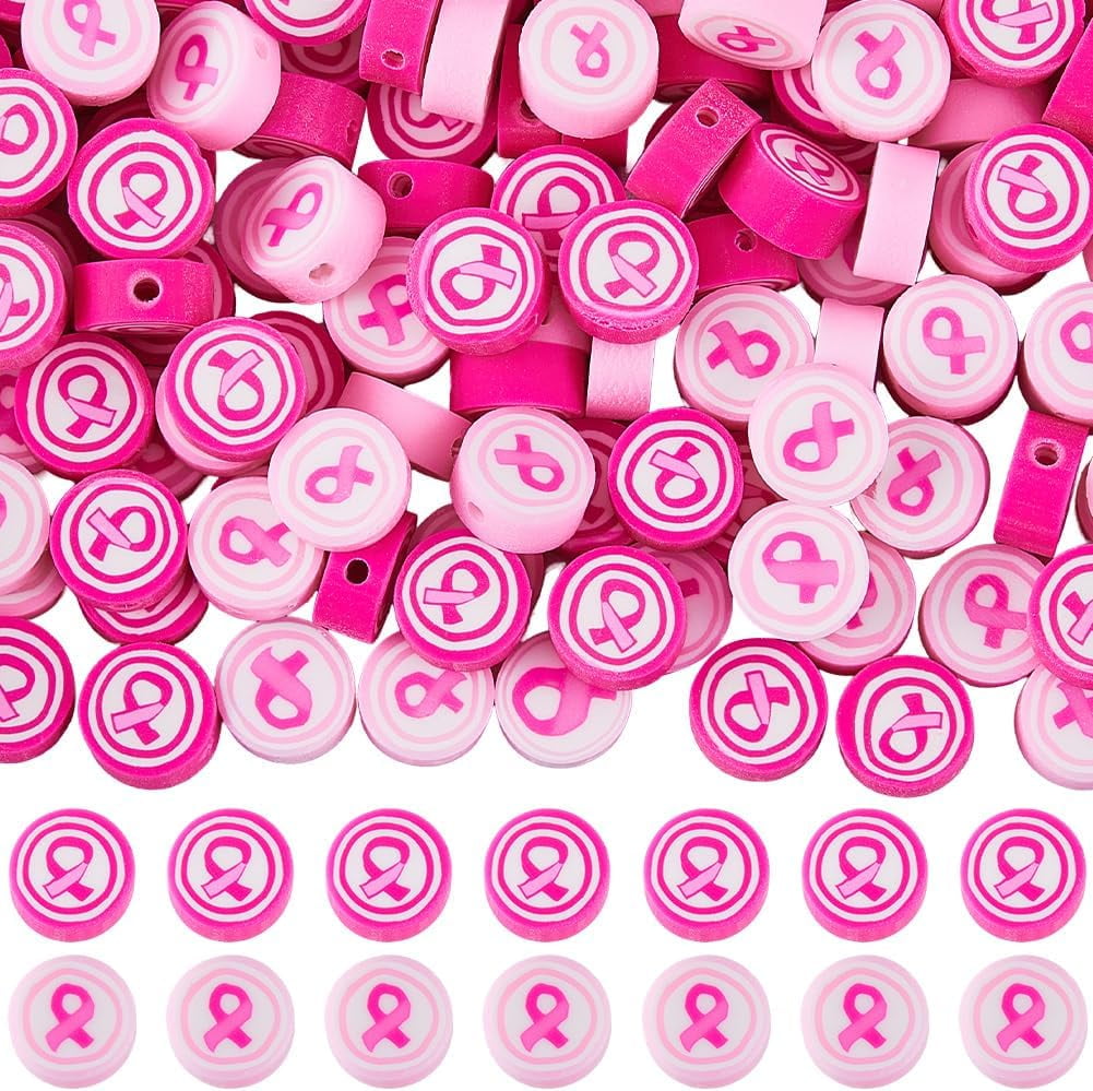 1 Box 200Pcs Pink Ribbon Beads Flat Round Polymer Clay Beads Bulk Soft ...