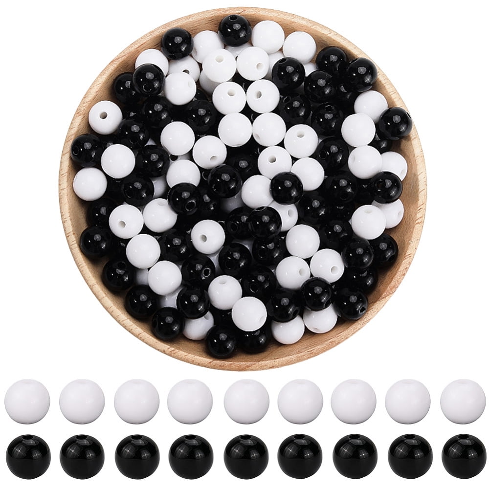 1 Box 200Pcs Smooth Round Black Beads 10mm White Acrylic Beads Opaque ...