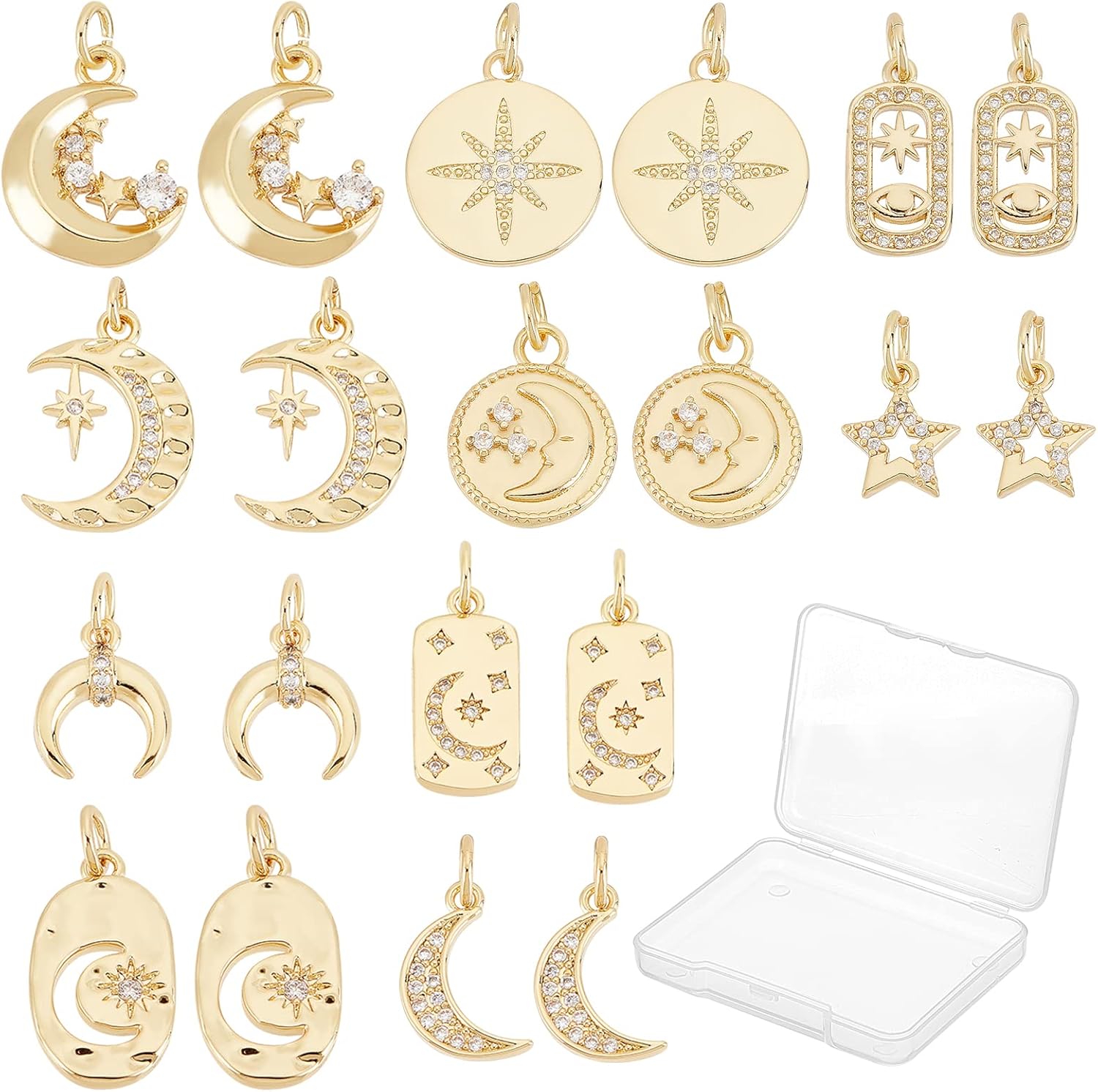 1 Box 20Pcs 10 Style 18K Gold Plated Moon Star Charms Micro Pave Clear ...