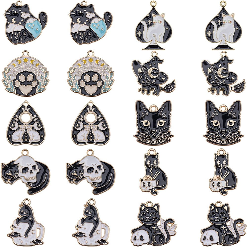 1 Box 20Pcs 10 Styles Gothic Cat Charms Black Kitty Charm Bulk Alloy ...