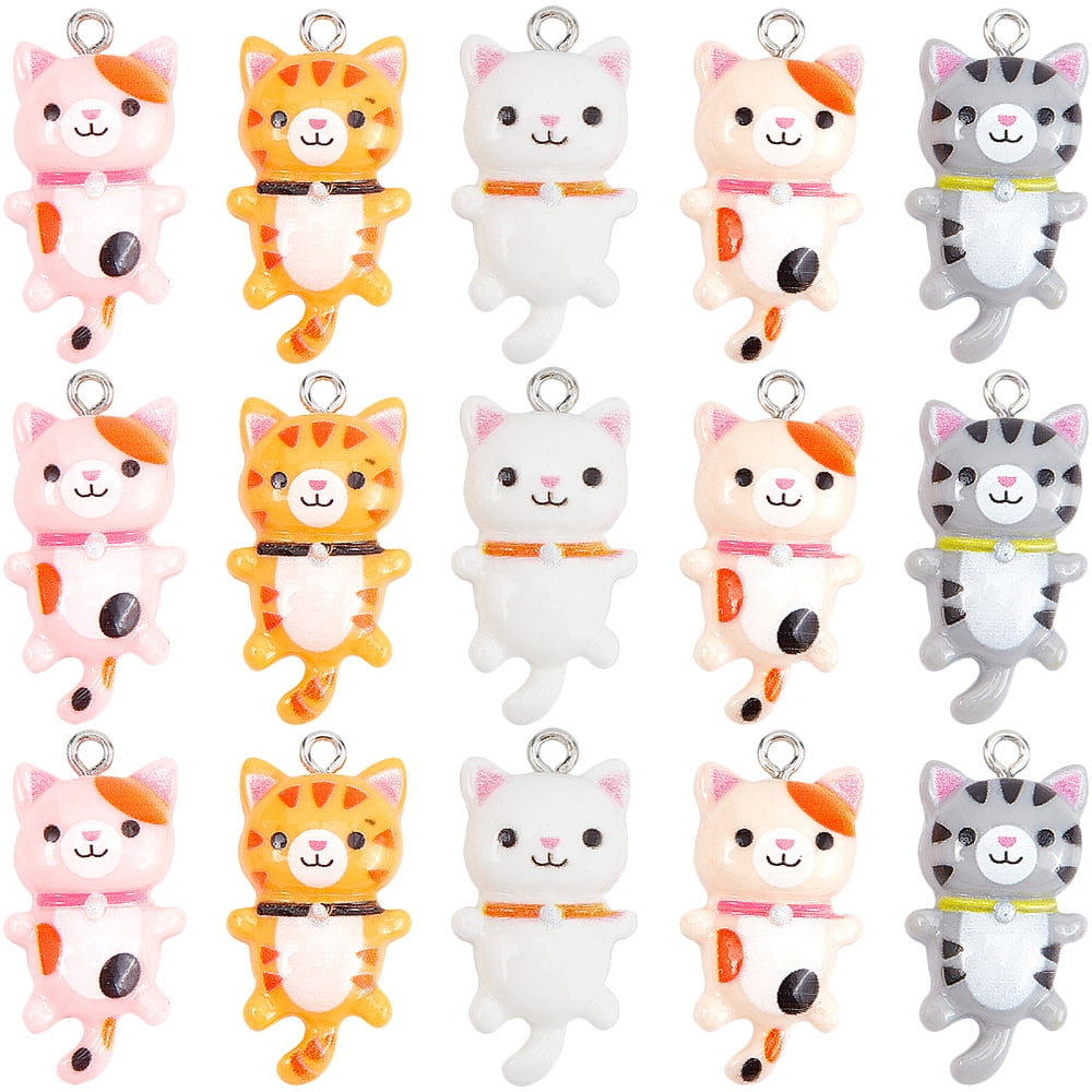 1 Box 20Pcs 5 Colors Resin Pendants with Platinum Iron Finding Cat ...