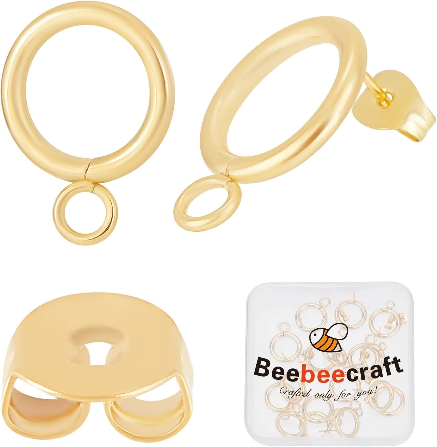 1 Box 20Pcs Circle Stud Earring Findings 24K Gold Plated Stainless Steel Hollow Round Earring ...