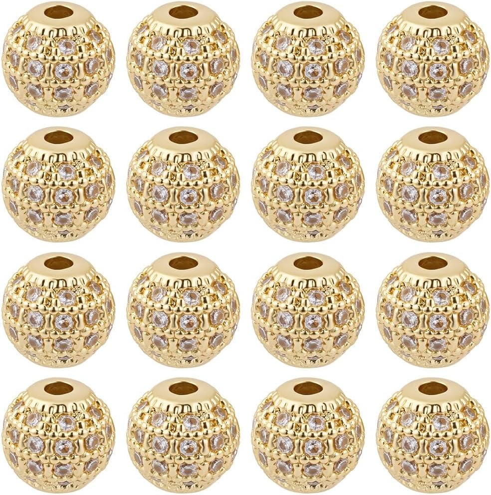 1 Box 20Pcs Real 18K Gold Plated Brass Cubic Zirconia Beads 8mm Round ...