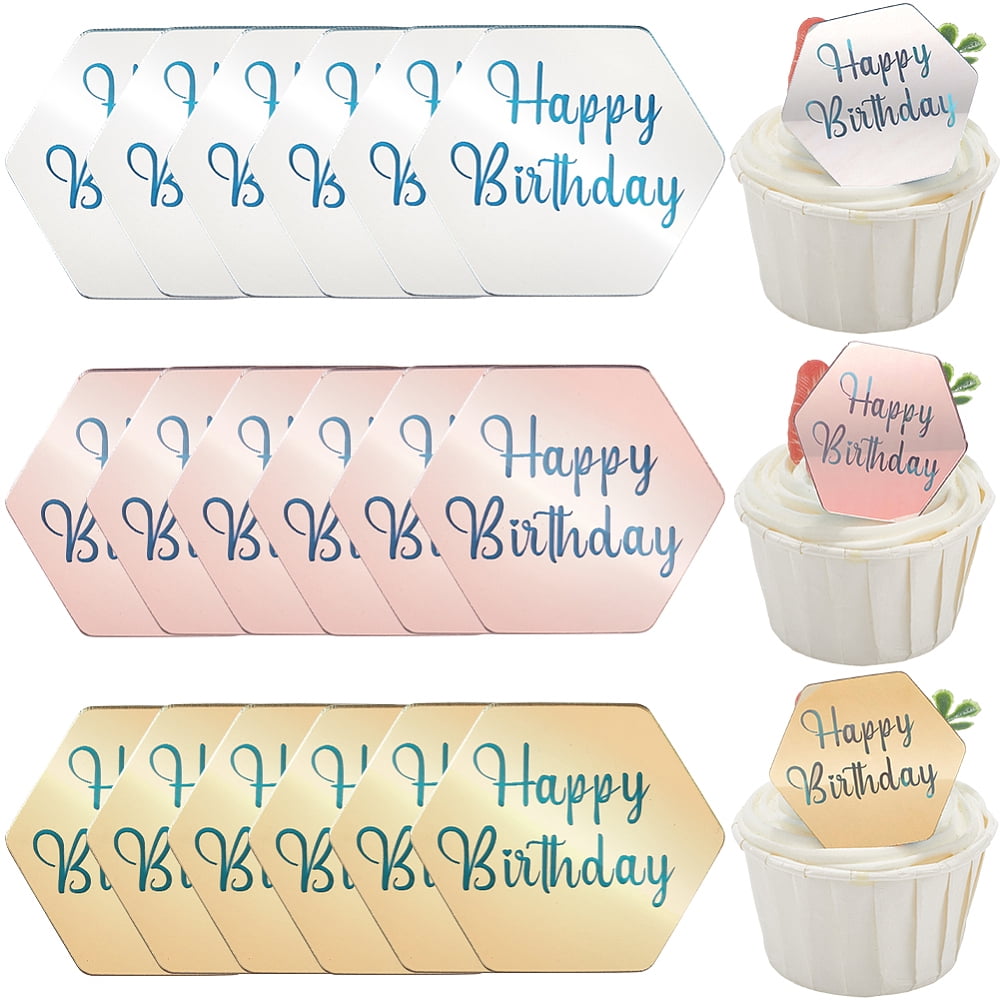 1 Box 21Pcs 3 Colors Happy Birthday Cake Topper Mirror Acrylic Cupcake ...
