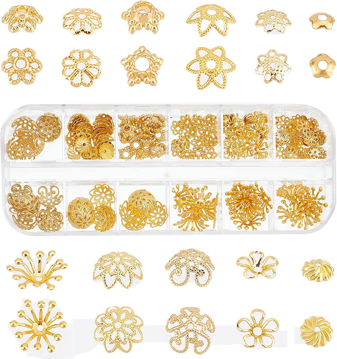 1 Box 240Pcs 12 Style Bead End Caps Beads Caps Gold Flower Bead Cap ...