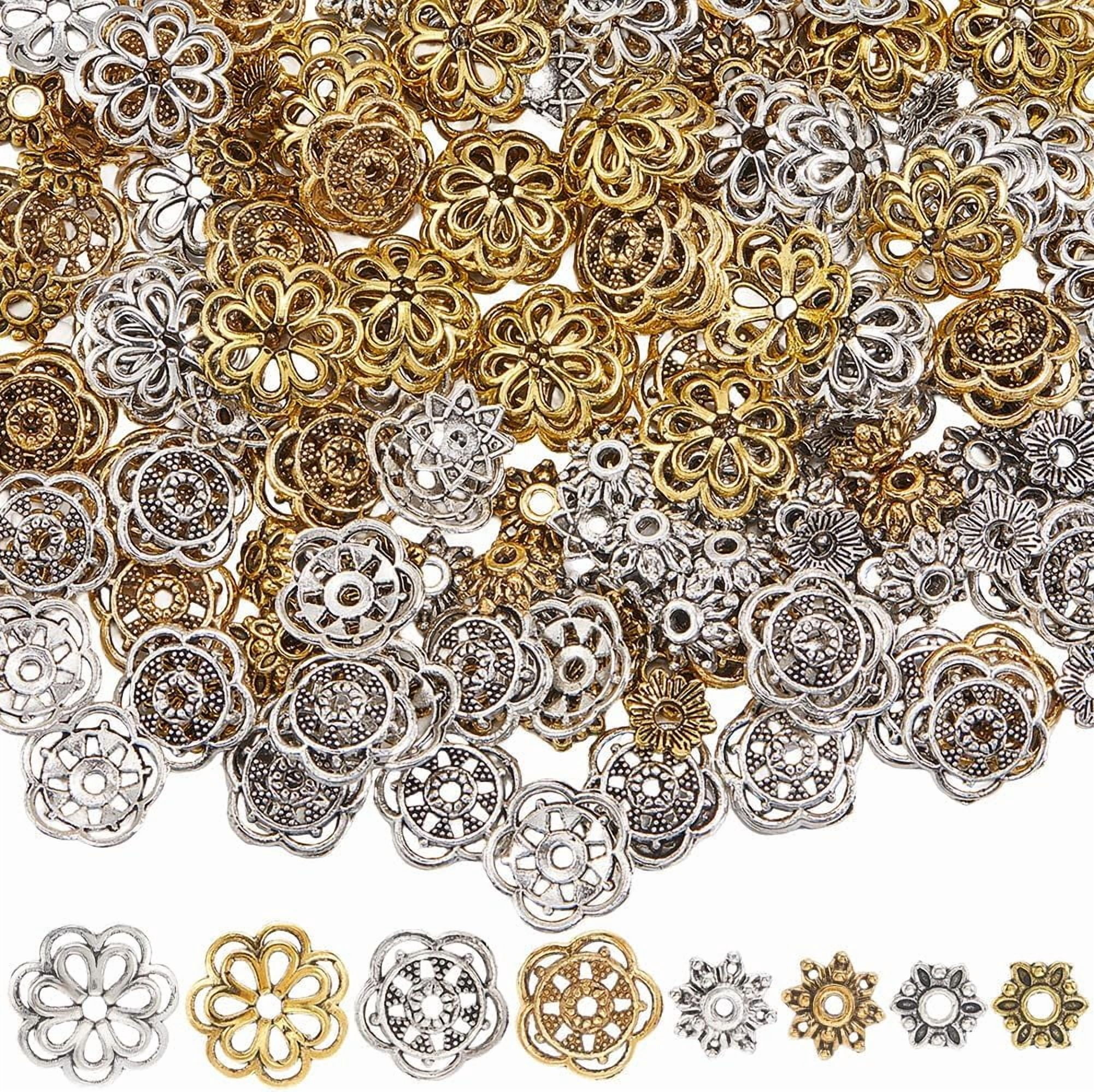 1 Box 240Pcs 8 Styles Metal Flower Beads Floral Bead Caps Gold Silver ...