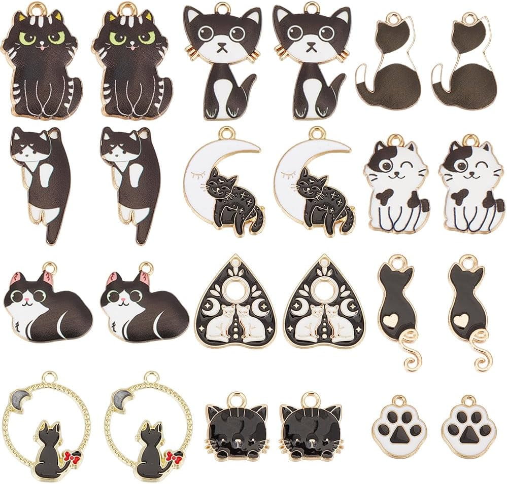 1 Box 24Pcs 12 Styles Black and White Cat Charms Animal Charm Mixed ...