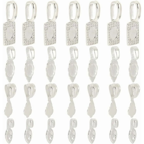1 Box 24Pcs 4 Style Silver Bail Charms Glue On Charm Base Metal Brass Teardrop Leaf Rectangle ...