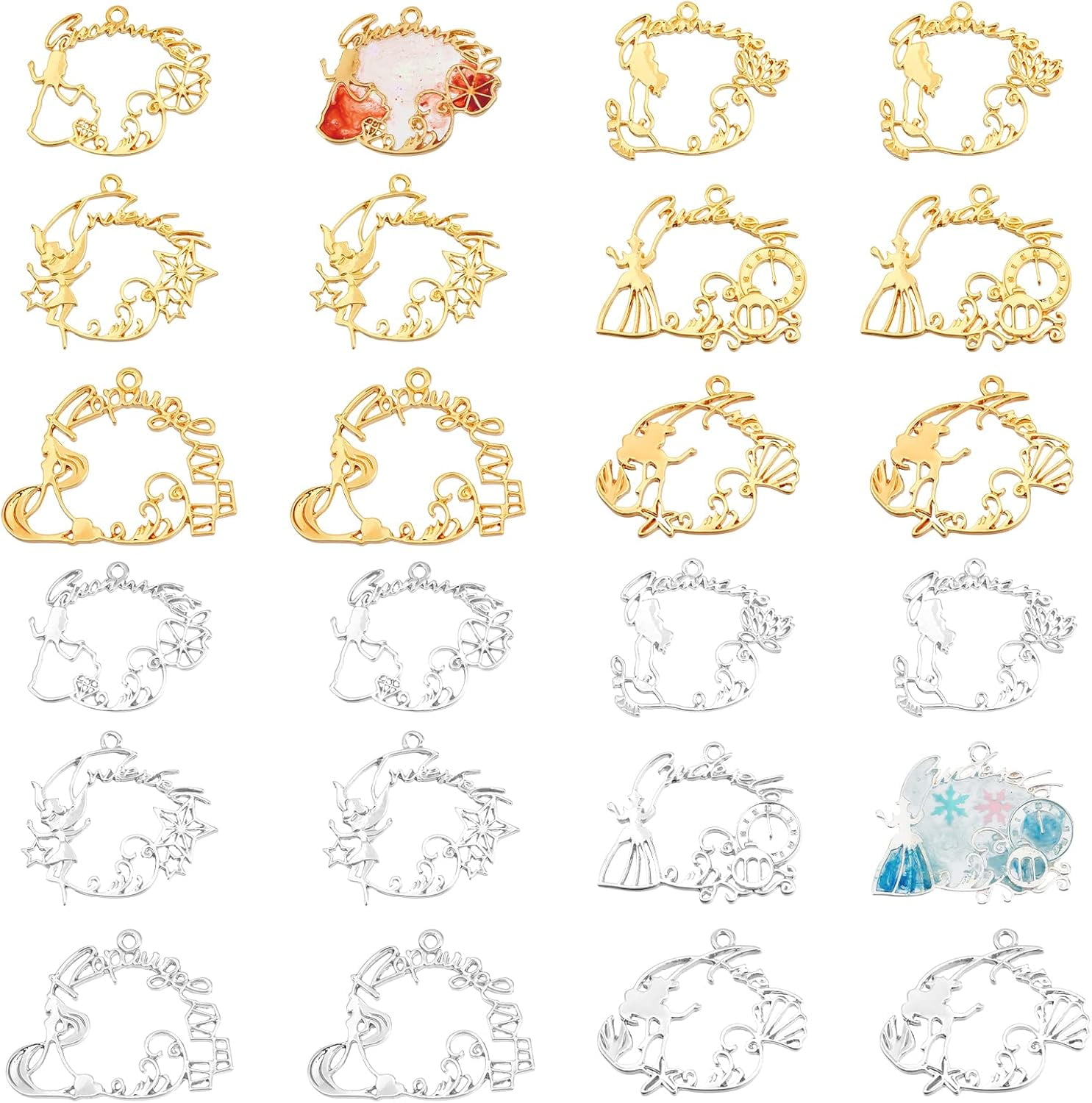 1 Box 24Pcs Fairy Tale Theme Open Bezel Pendant 12-Style Princess Alloy ...