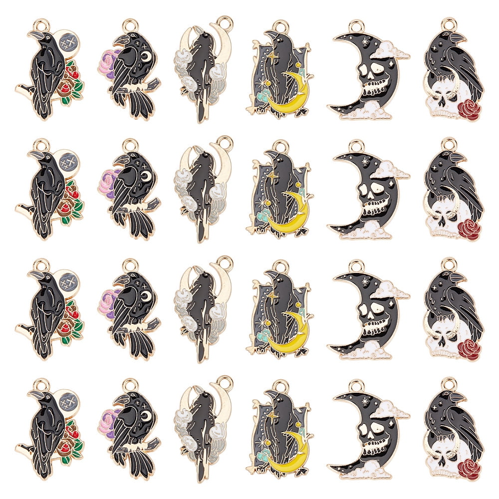 1 Box 24Pcs Gothic Charms Bulk Crow Charms Enamel Raven Black Bird ...