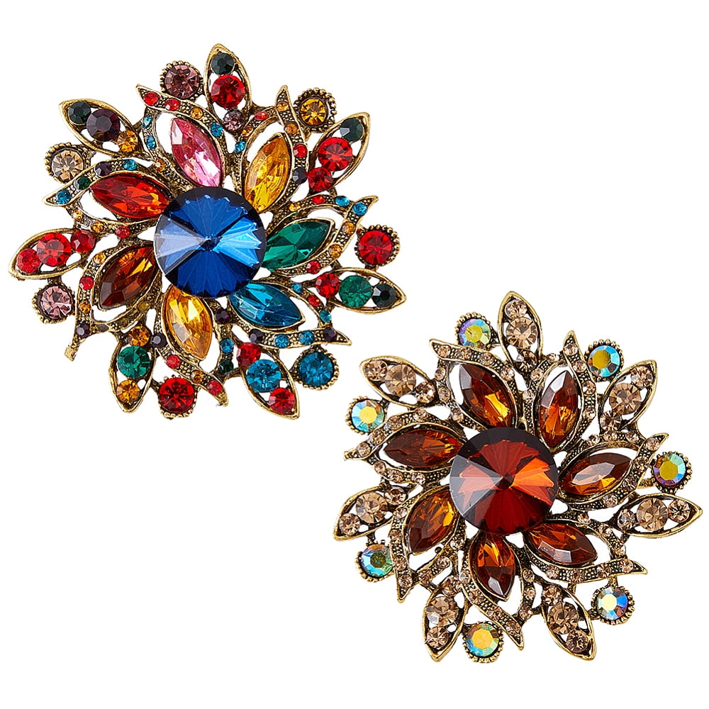 1 Box 2Pcs 2 Colors Rhinestone Flower Brooch Pin Golden Alloy Badge for ...
