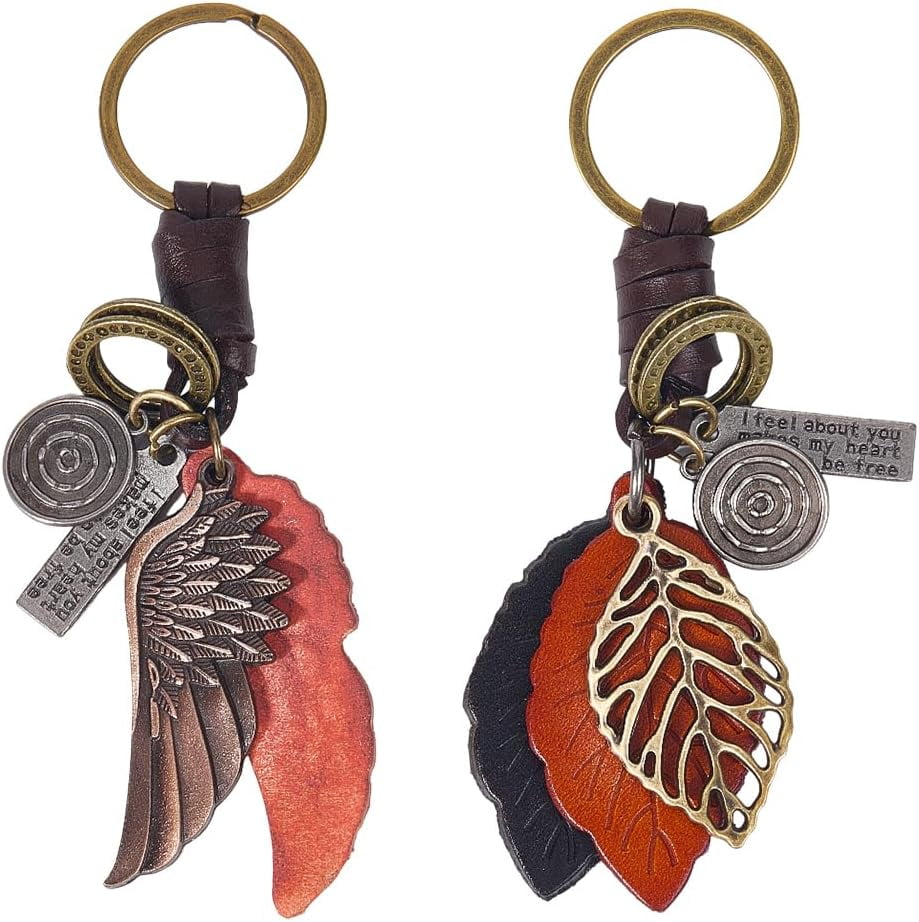 1 Box 2Pcs 2 Styles Leaf Key Chain Angel Wing Keychain Genuine Leather ...