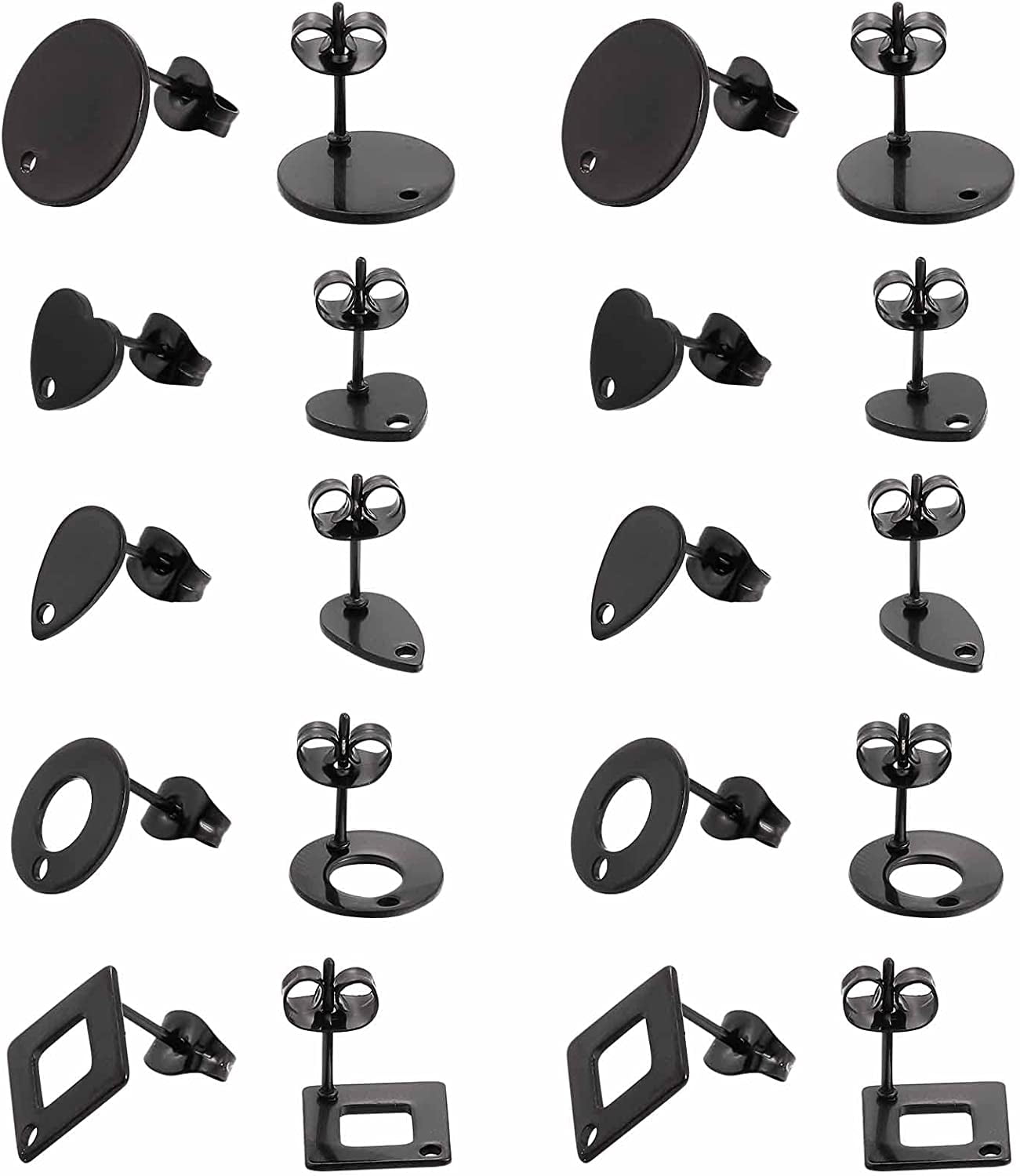 1 Box 30Pcs 5 Style Black Earring Posts Stainless Steel Earring Post ...