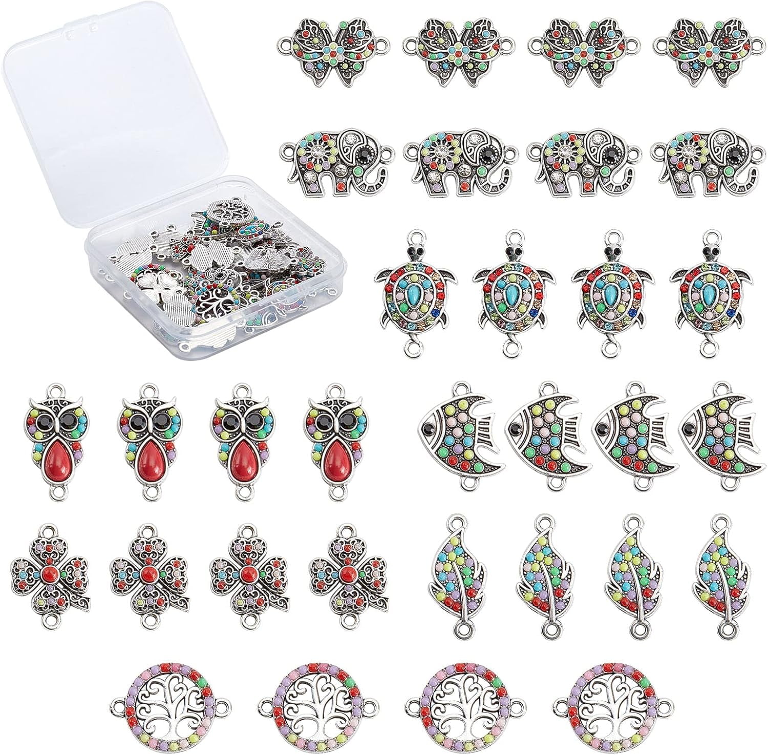 1 Box 32Pcs 8 Styles Silver Connectors Animal Butterfly Fish Tree of ...