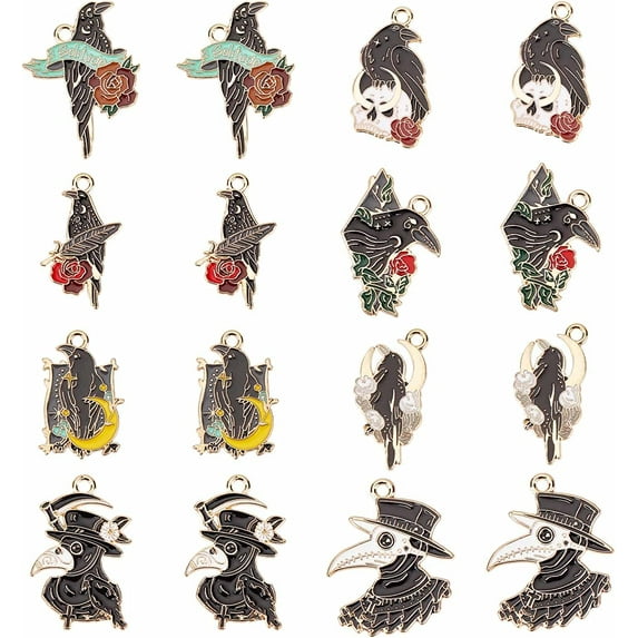 1 Box 32Pcs Gothic Charms Crow Charm Raven Charms Black Bird Moon Rose ...
