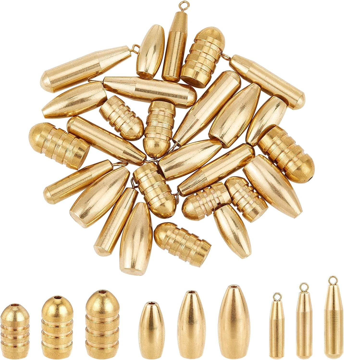 1 Box 36 Pcs Golden Brass Bullet Weight 9 Styles Threaded Copper Bullet ...