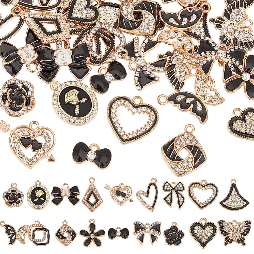 1 Box 36Pcs 18 Styles Heart Charms Bulk Black Enamel Charms Rhinestone ...