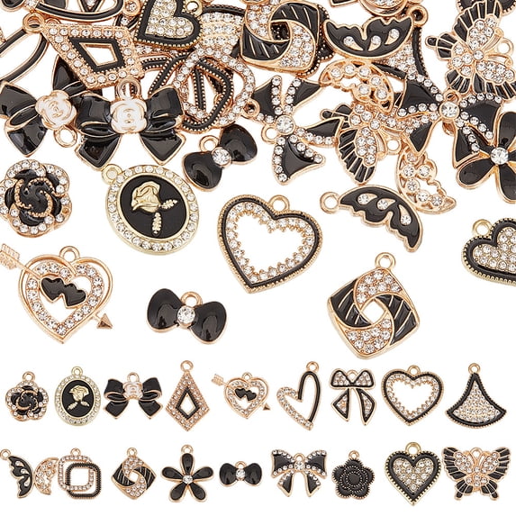 1 Box 36Pcs 18 Styles Heart Charms Bulk Black Enamel Charms Rhinestone ...