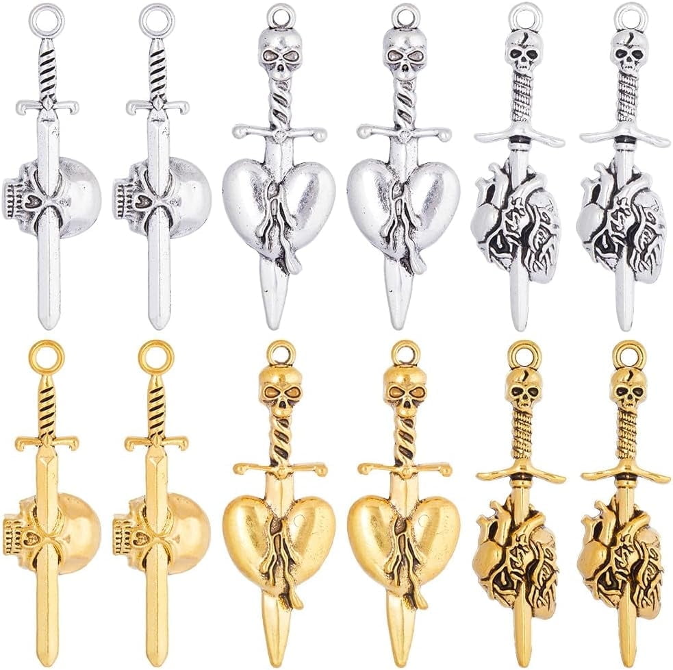 36Pcs 6 Style Sword Charms Bulk Gothic Skull Skeleton Charm Tibetan ...