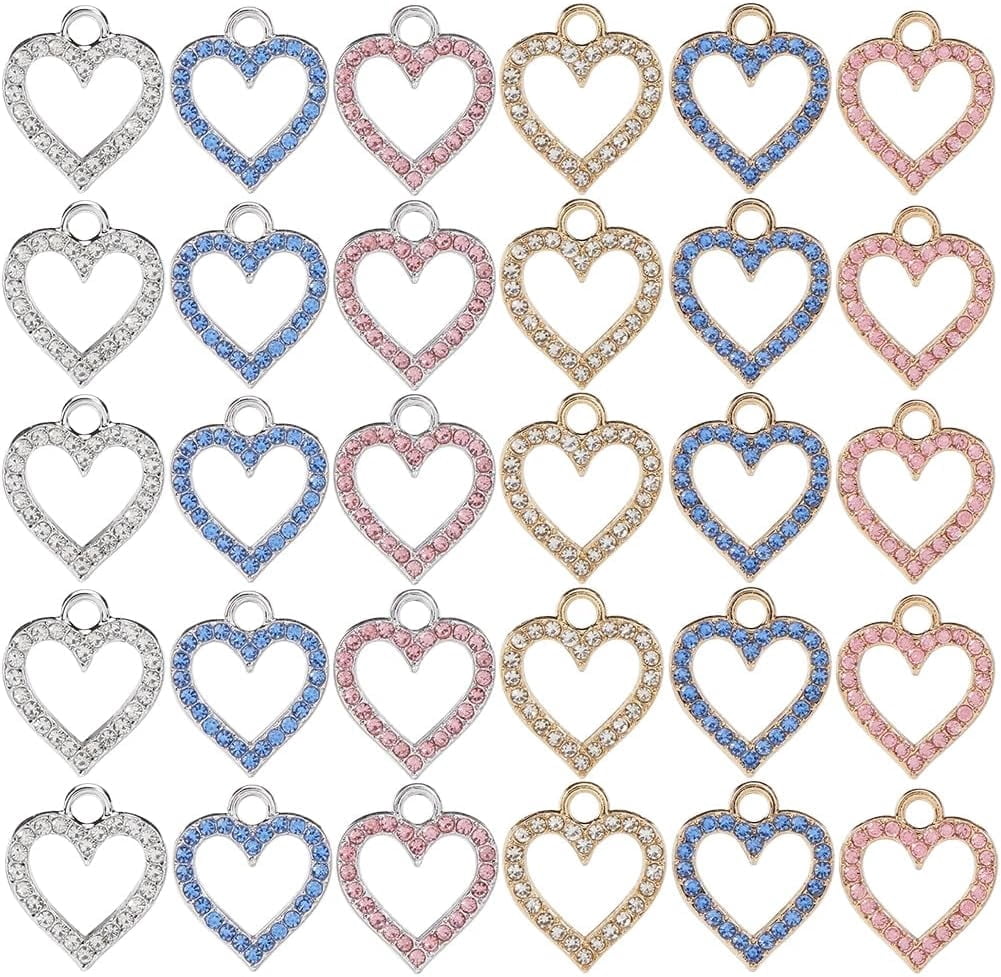 1 Box 36Pcs 6 Styles Rhinestone Heart Charms Love Charms Bulk Valentine ...