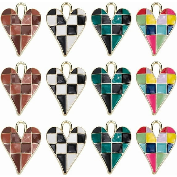 1 Box 4 Colors 16Pcs Checkered Heart Charms Enamel Hearts Charms Bulk ...