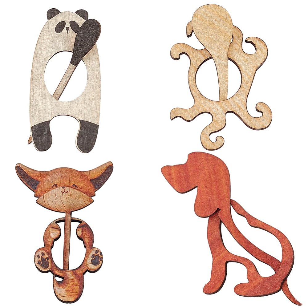 1 Box 4 Set 4 Style Dog & Bear & Panda & Octopus Wood Brooch Pins ...