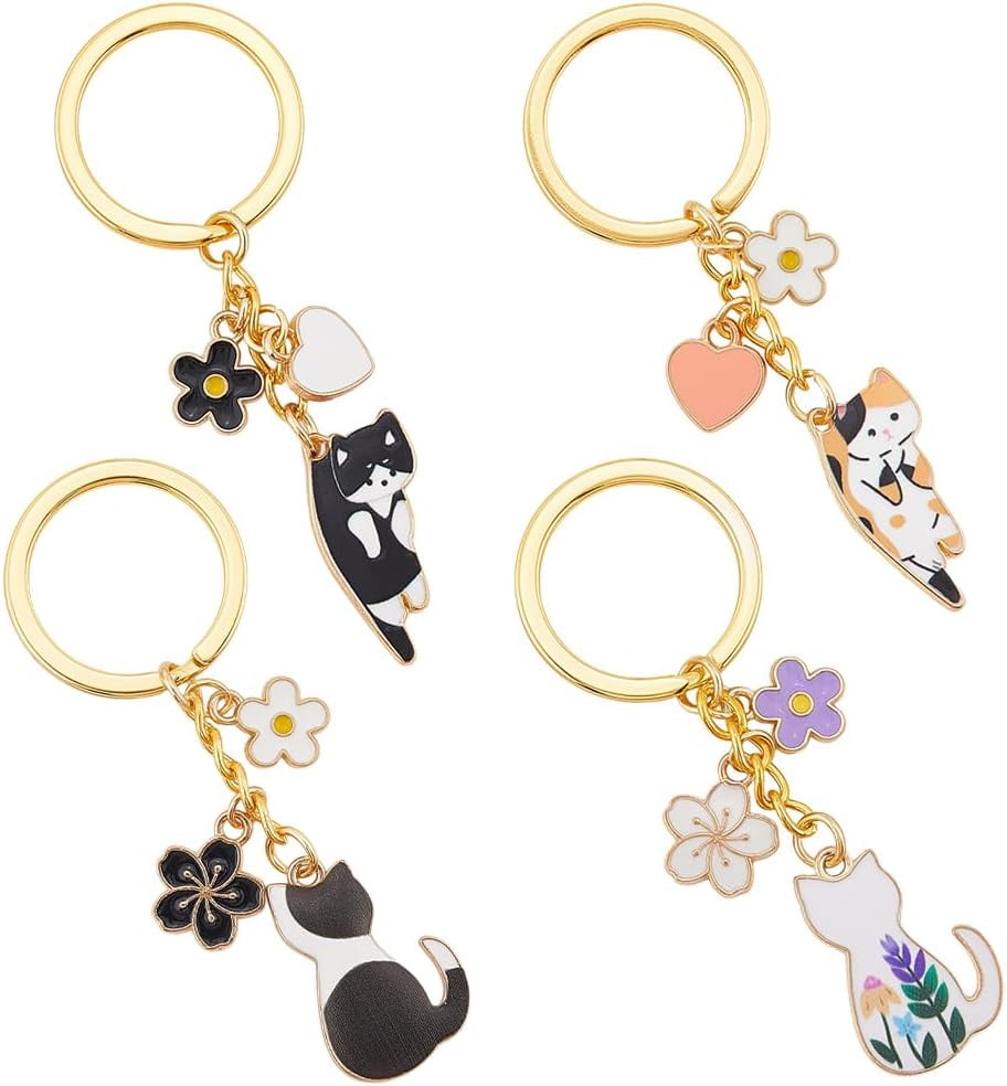 1 Box 4 Styles Cat Keychain Bulk Kitty Key Chains Cute Fun Cartoon Lazy ...