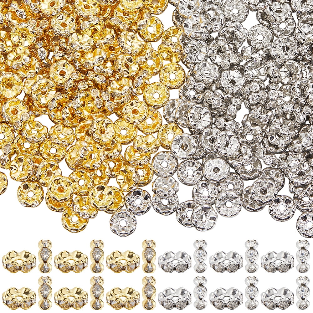 1 Box 400Pcs 8mm Rhinestone Spacer Beads Rondelle Beads Gold Silver ...