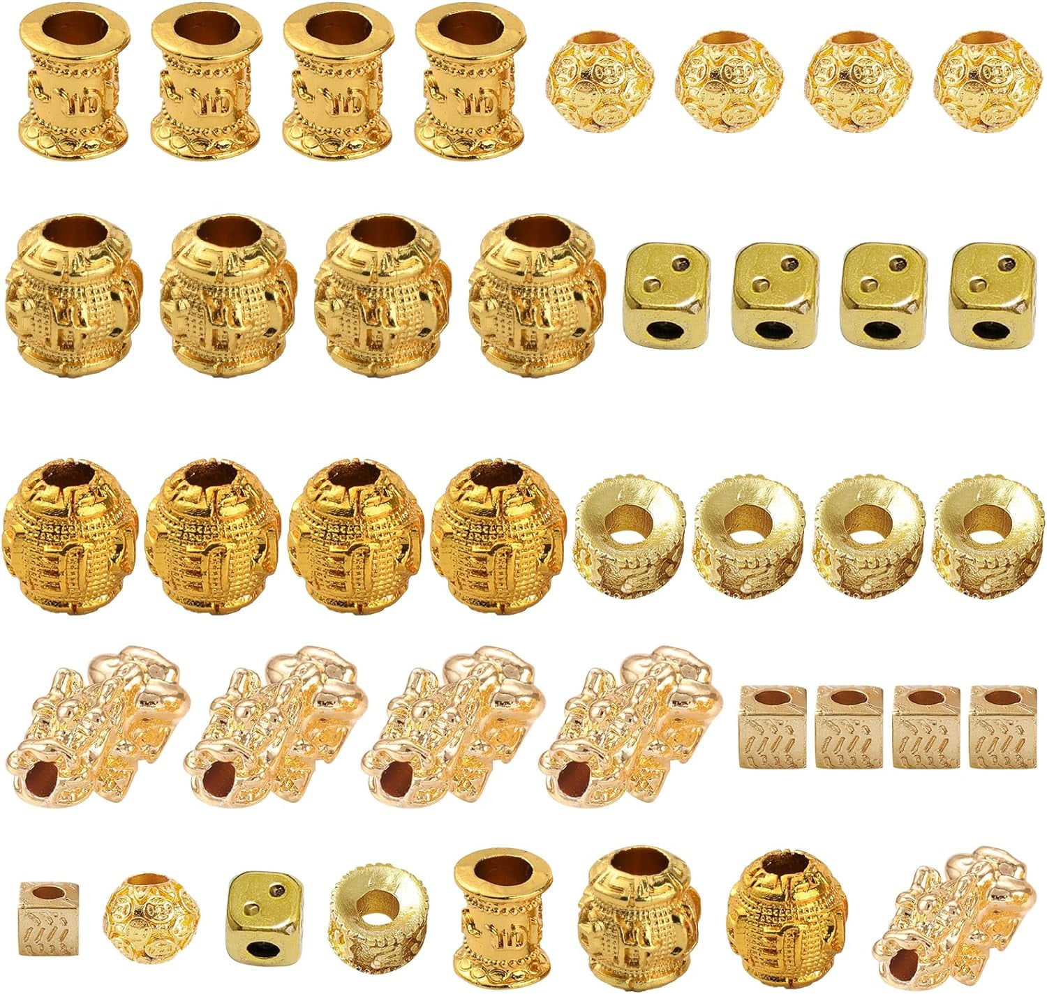 1 Box 40Pcs 8 Styles Beads Gold Plated Feng Shui Charms Alloy Barrel ...