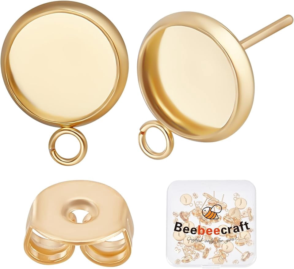 1 Box 40Pcs Cabochon Earring Settings 8mm 24K Gold Plated Blank Stud ...