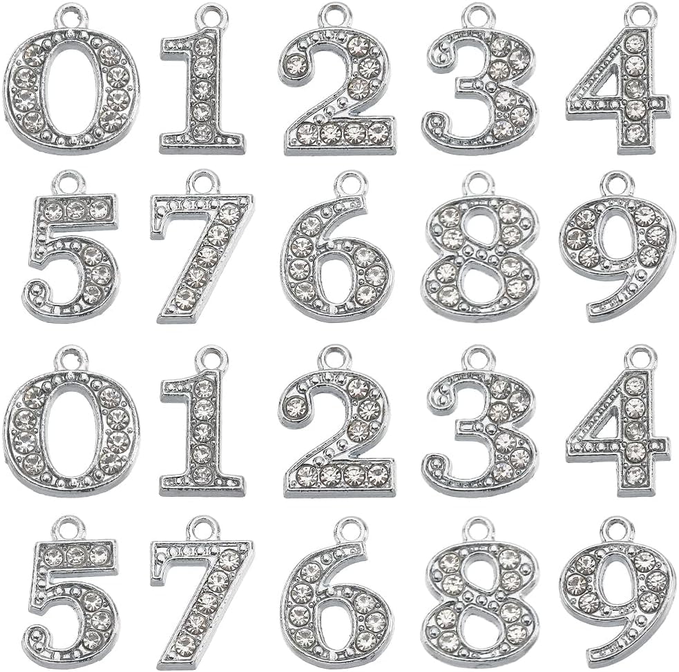 1 Box 40Pcs Rhinestone Number Charms Silver Numbers Charm Bulk Alloy ...